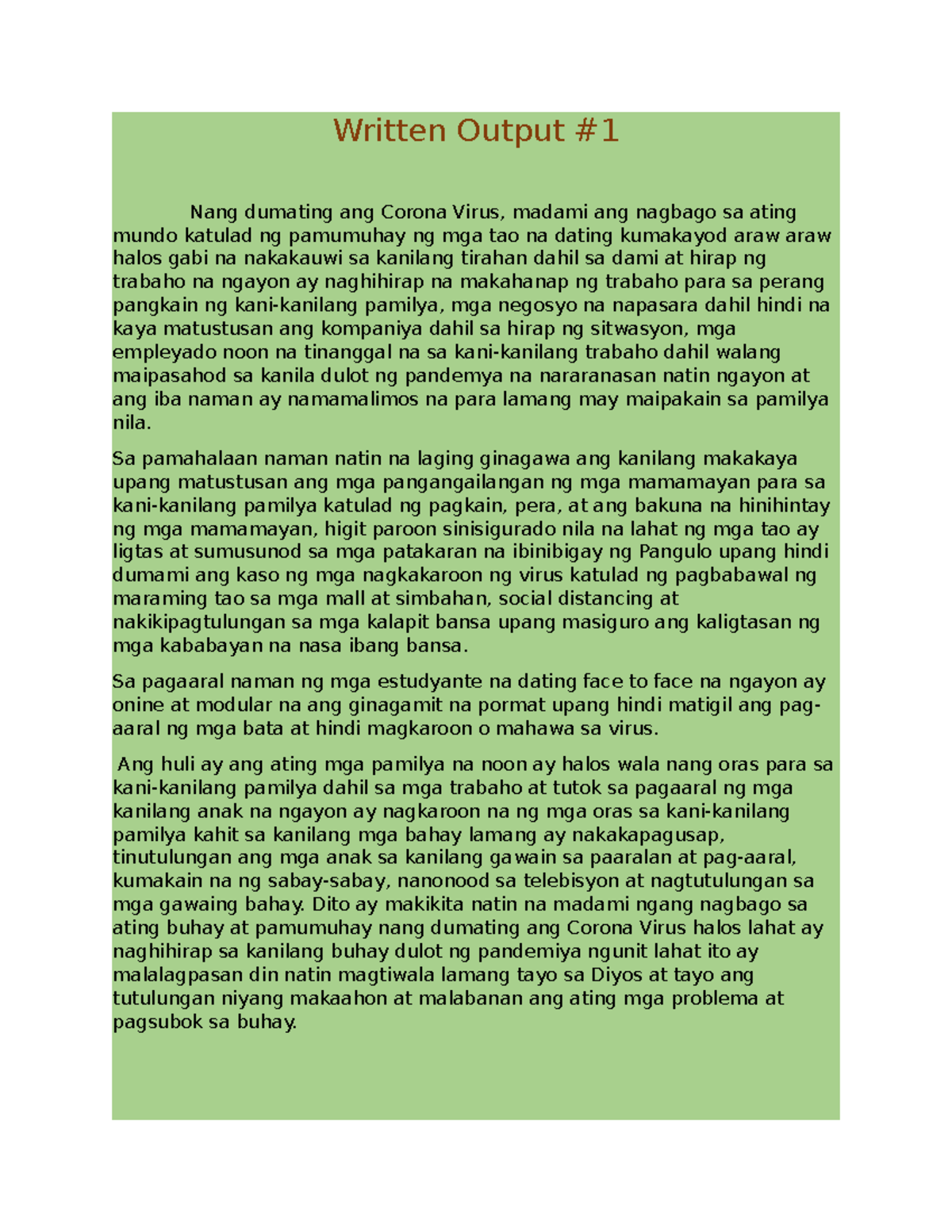 Written Output #1 filipino - Written Output Nang dumating ang Corona ...