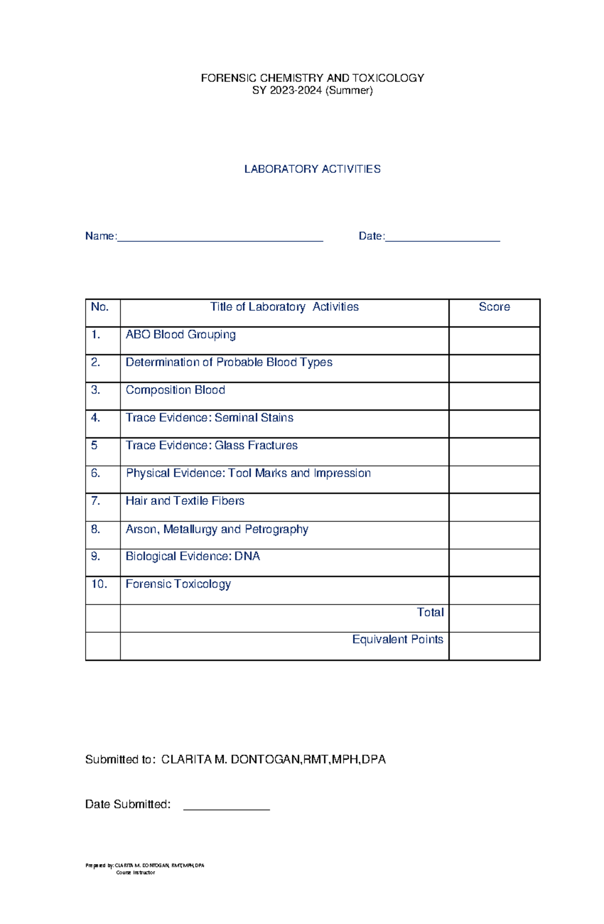 Forensic Science Lab Activities - 2024 Summer (SY 2023-2024) - Studocu
