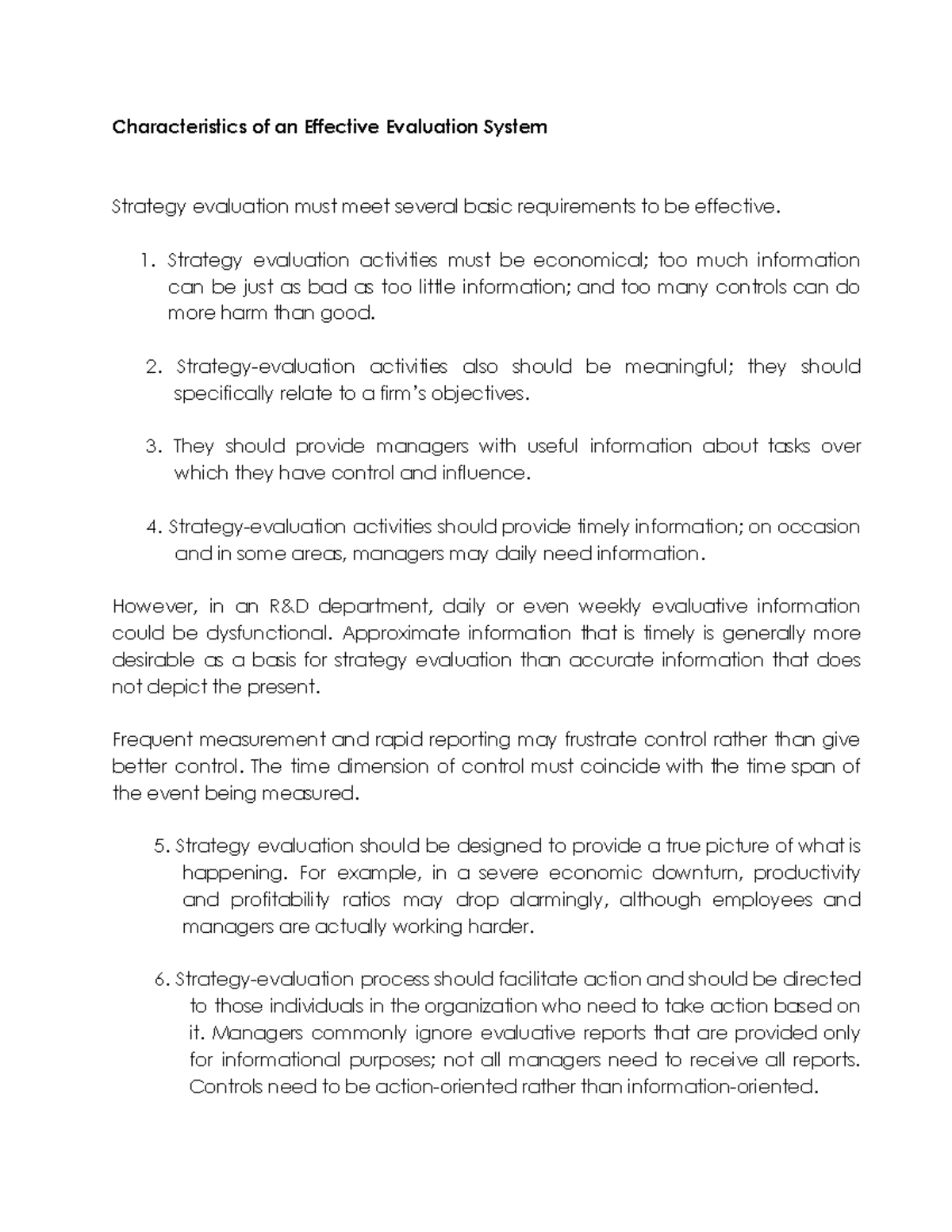 Effective Evaluation System Characteristics in Strategic Mgmt - Studocu