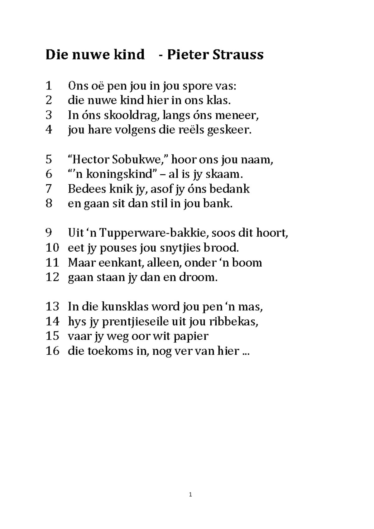Gedig 9: Die Nuwe Kind - Poem Analysis and Interpretation - Studocu