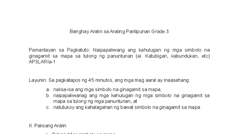 Banghay Aralin sa Araling Panlipunan Grade 3: Mga Simbolo sa Mapa - Studocu