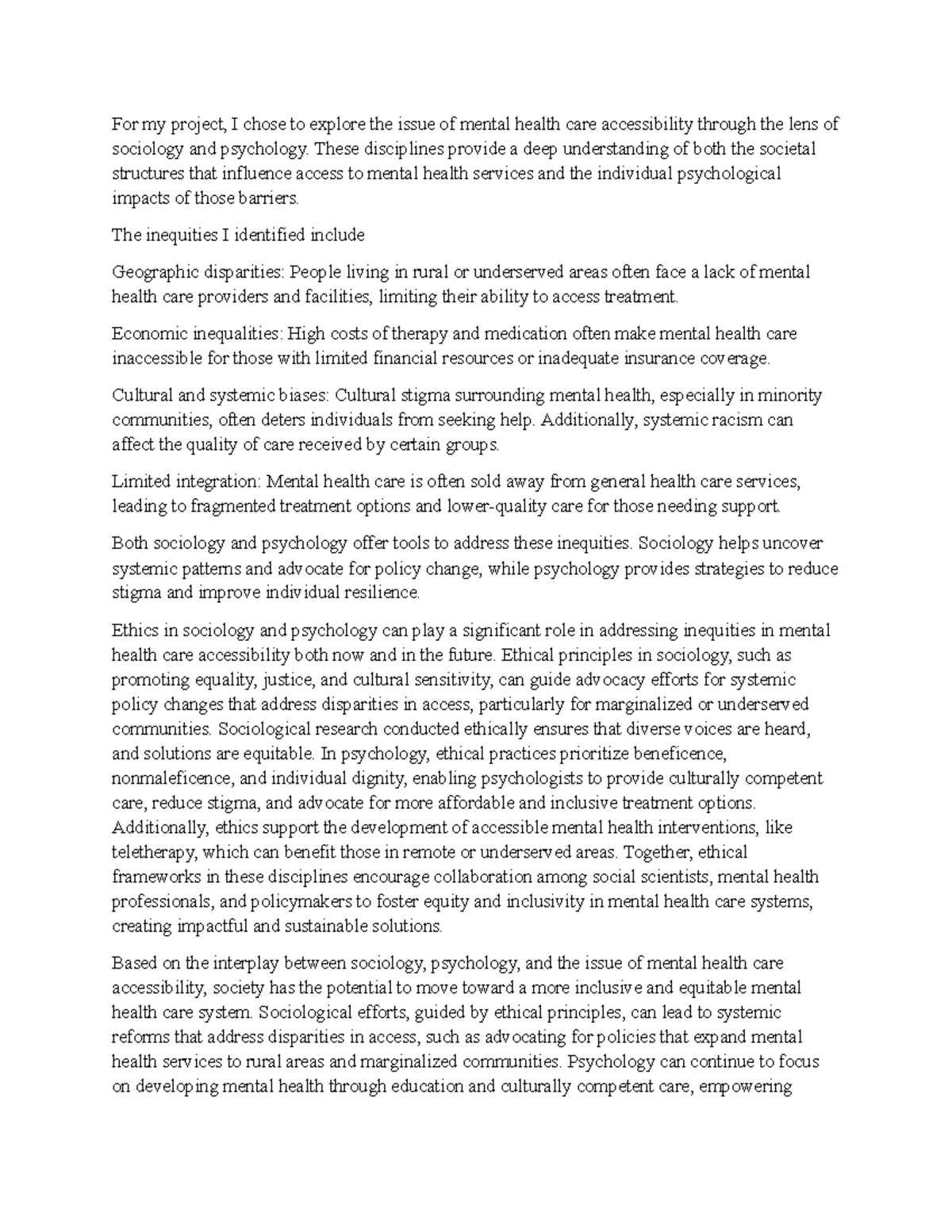 SCS 215: Exploring Mental Health Care Accessibility through Sociology ...