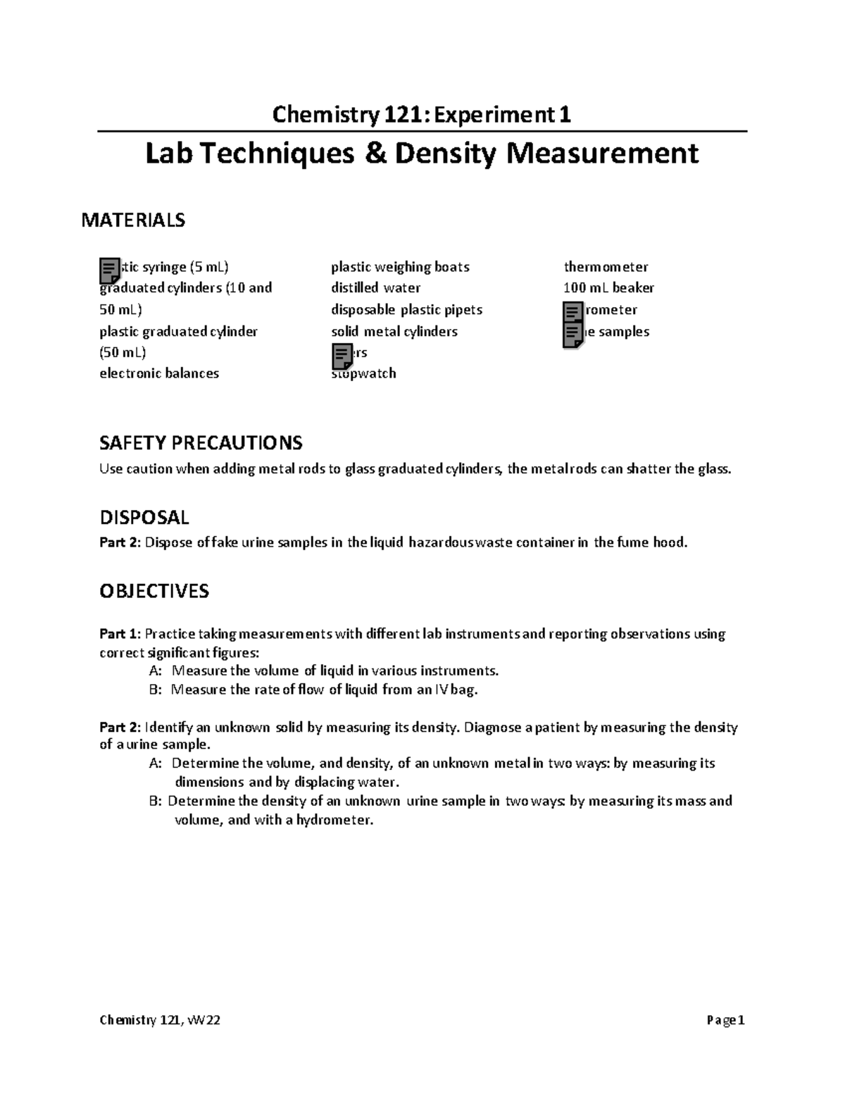 Chemistry 121 - Lab 1 - W22: Density Measurement Techniques - Studocu