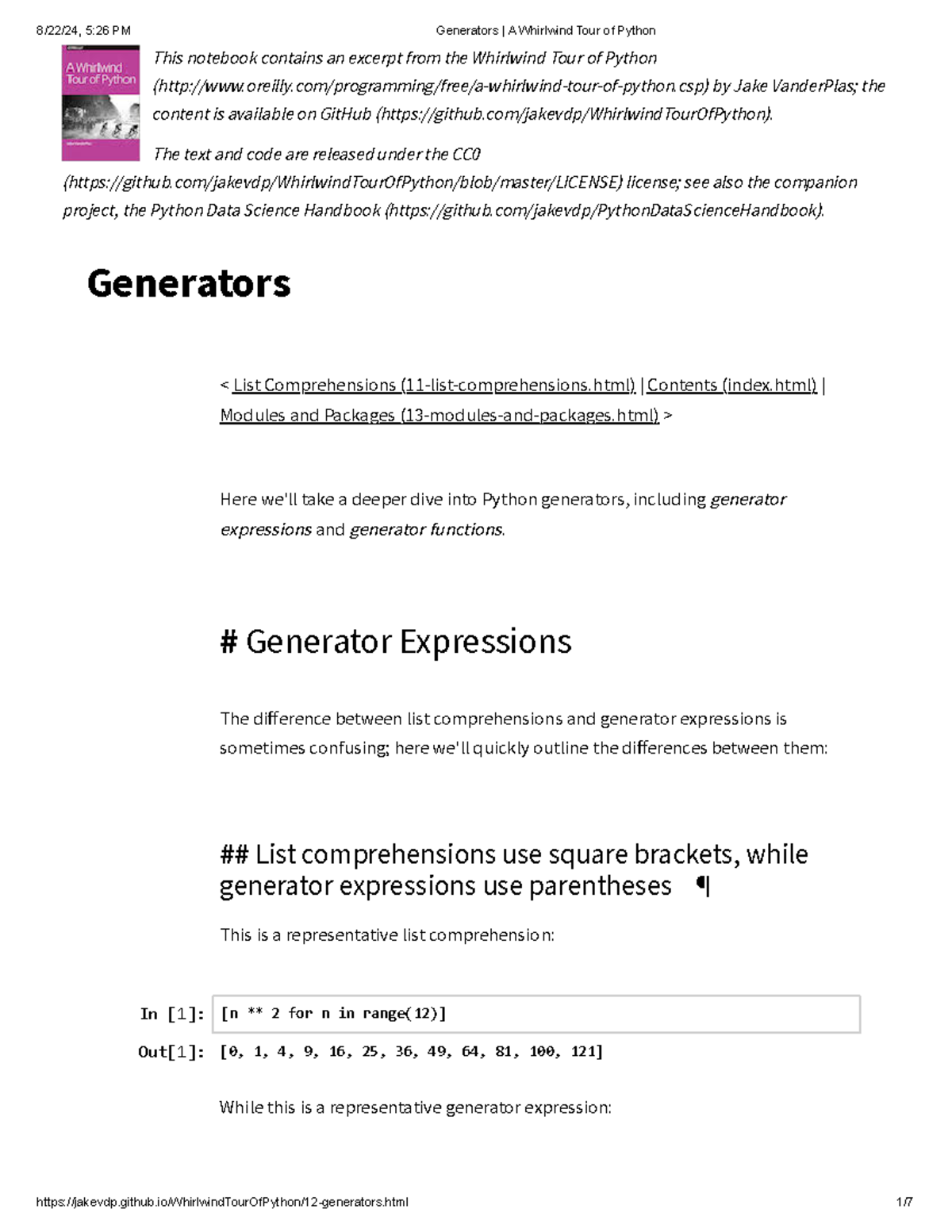 Generators A Whirlwind Tour of Python - This notebook contains an excerpt from the Whirlwind ...