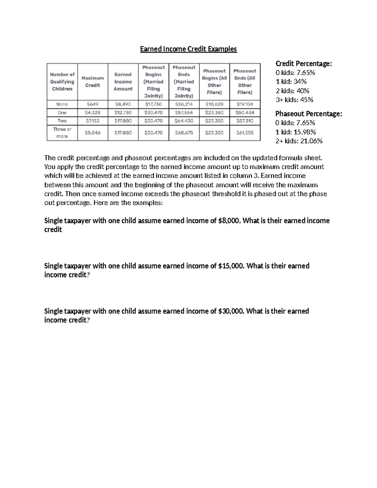 Earned Income Credit Examples: Student Version Guide - Studocu