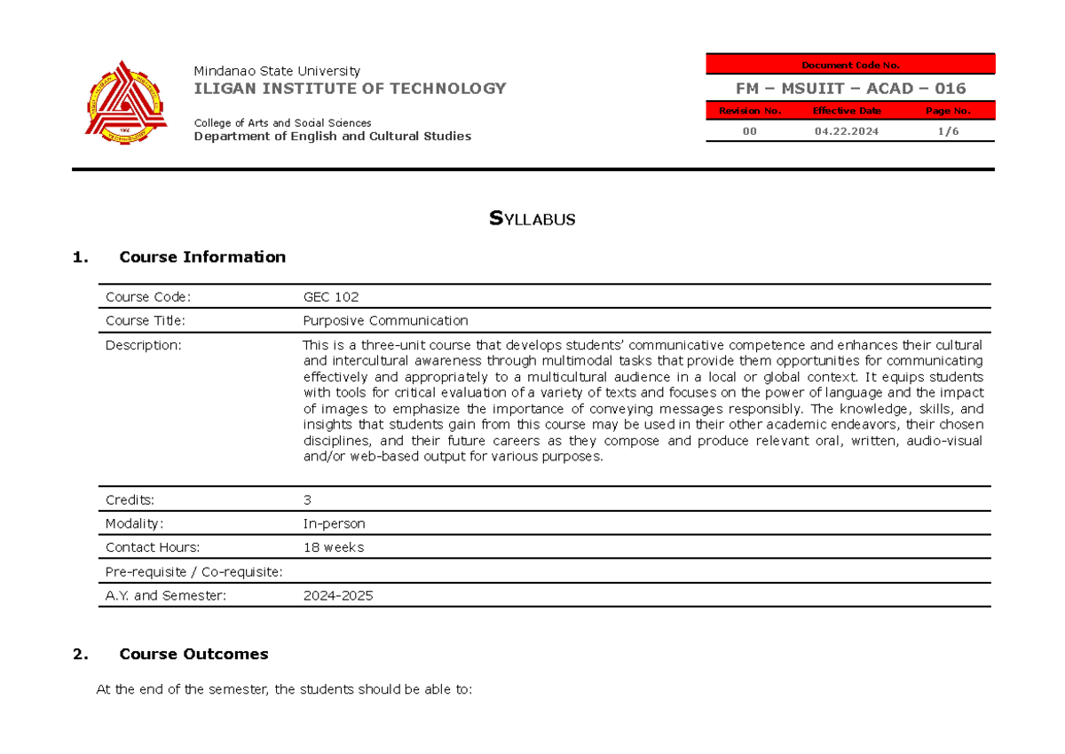 Syllabus of Purposive Communication - Mindanao State University ILIGAN ...