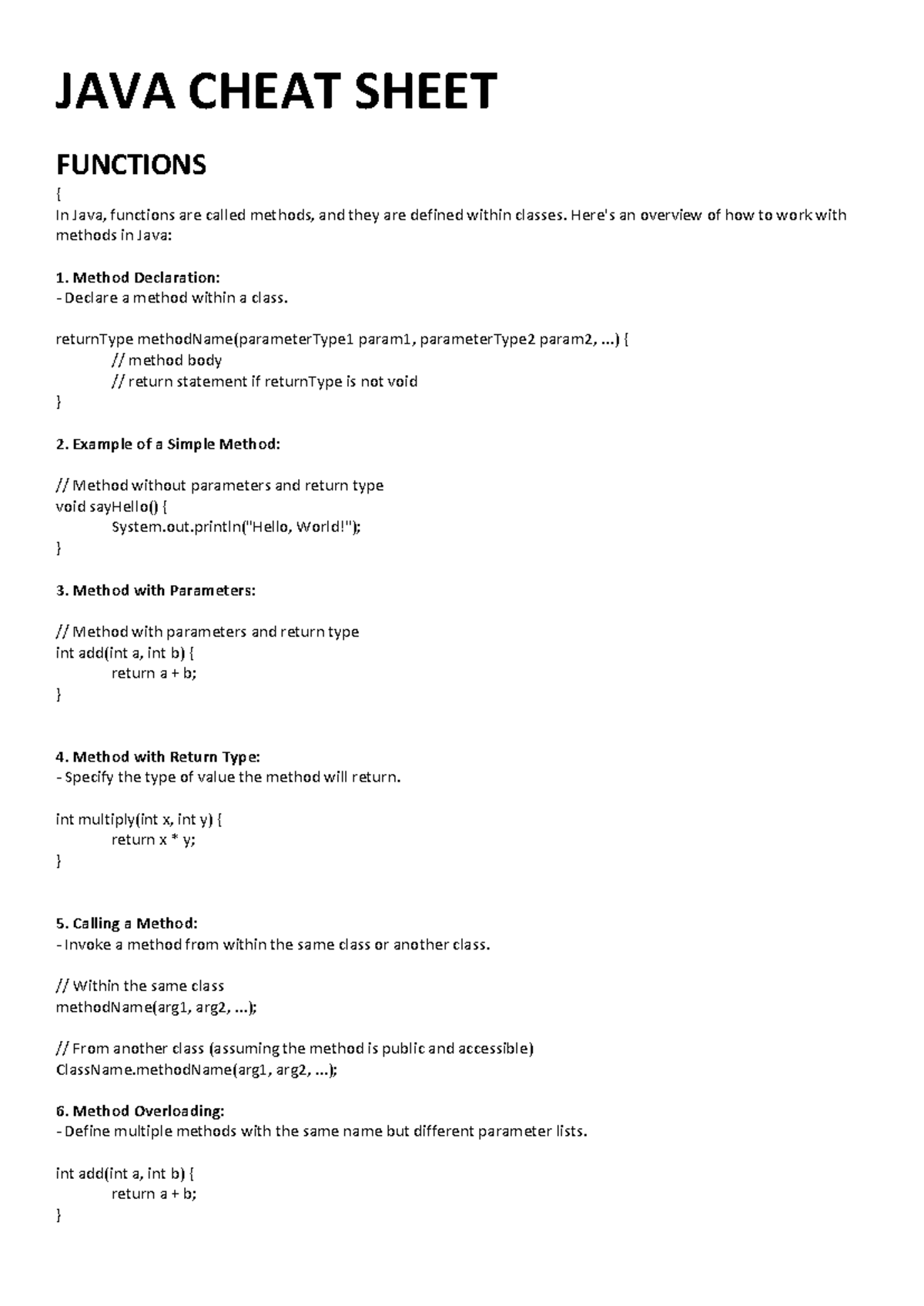 JAVA (CS101) Functions and OOP Concepts Cheat Sheet for Programming ...
