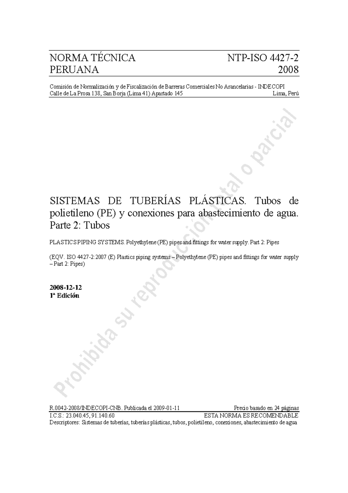 NTP-ISO 4427-2-2008: Normas de Tubos de PE para Agua Potable - Studocu