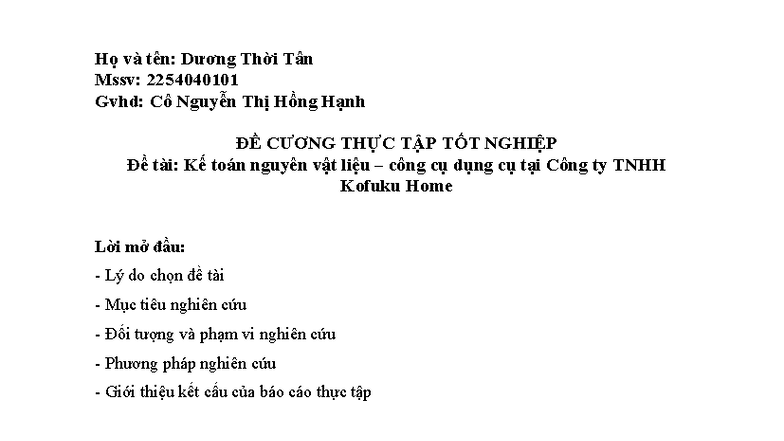 Đề cương báo cáo thực tập tốt nghiệp: Kế toán NVL CCDC tại Kofuku Home ...