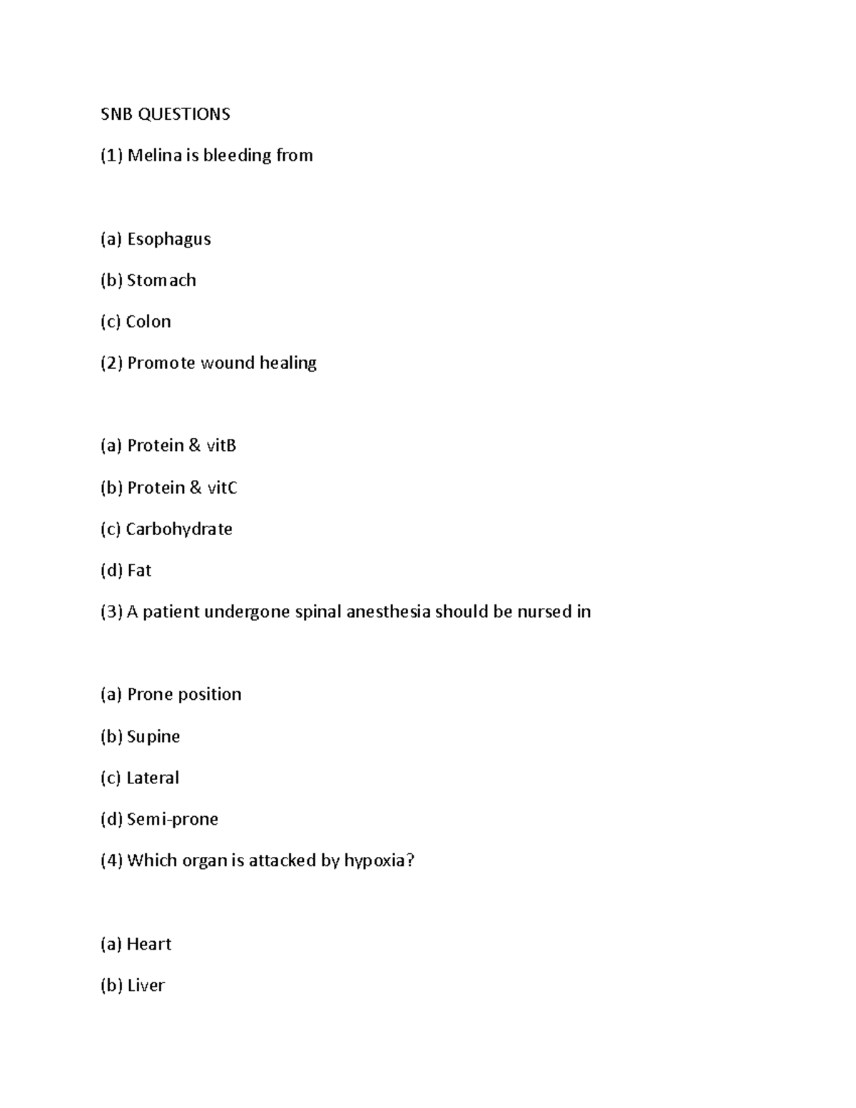 SNB Nursing Exam Q&A: Comprehensive Question Paper for Review - Studocu