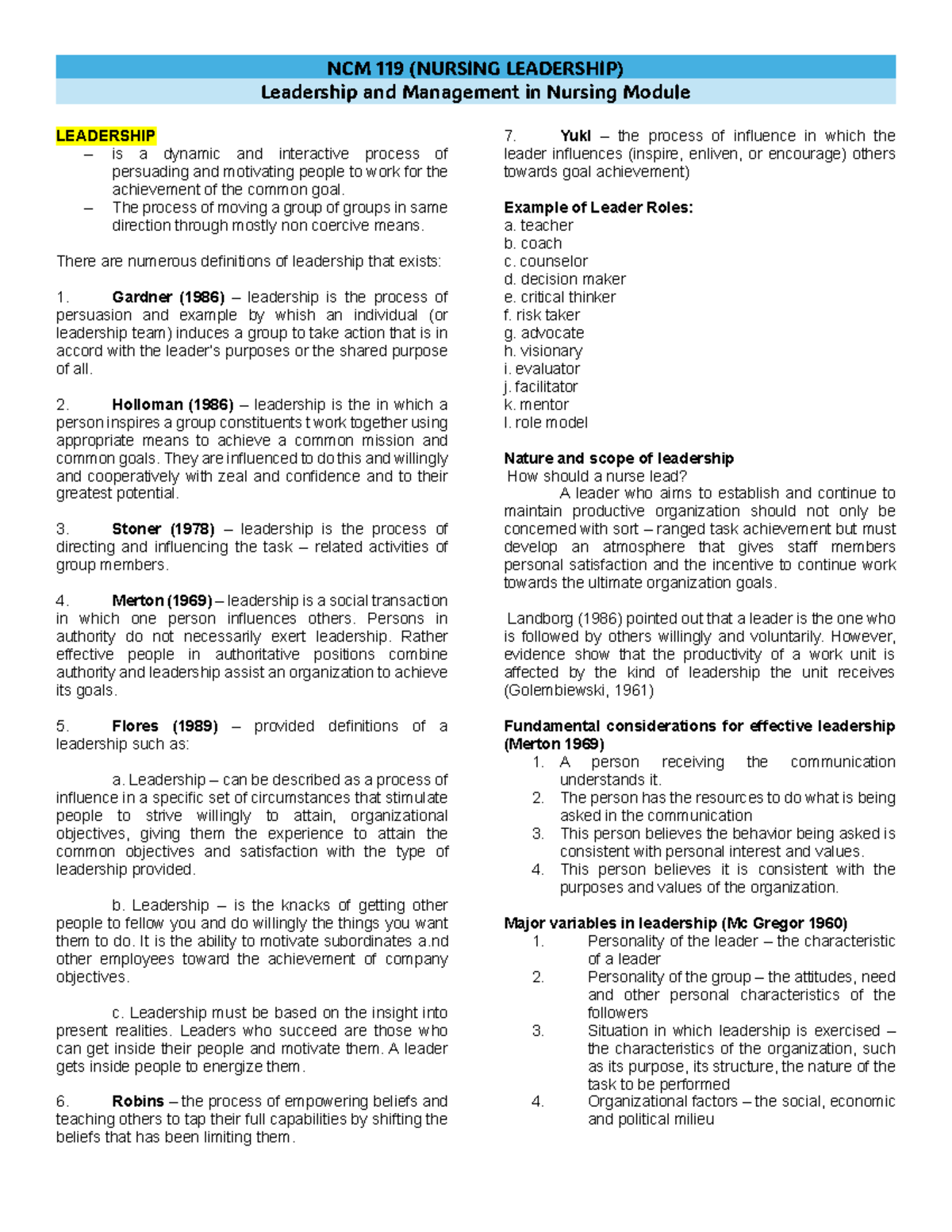 NUR 123 - Leadership and Management in Nursing Lecture Notes - Studocu