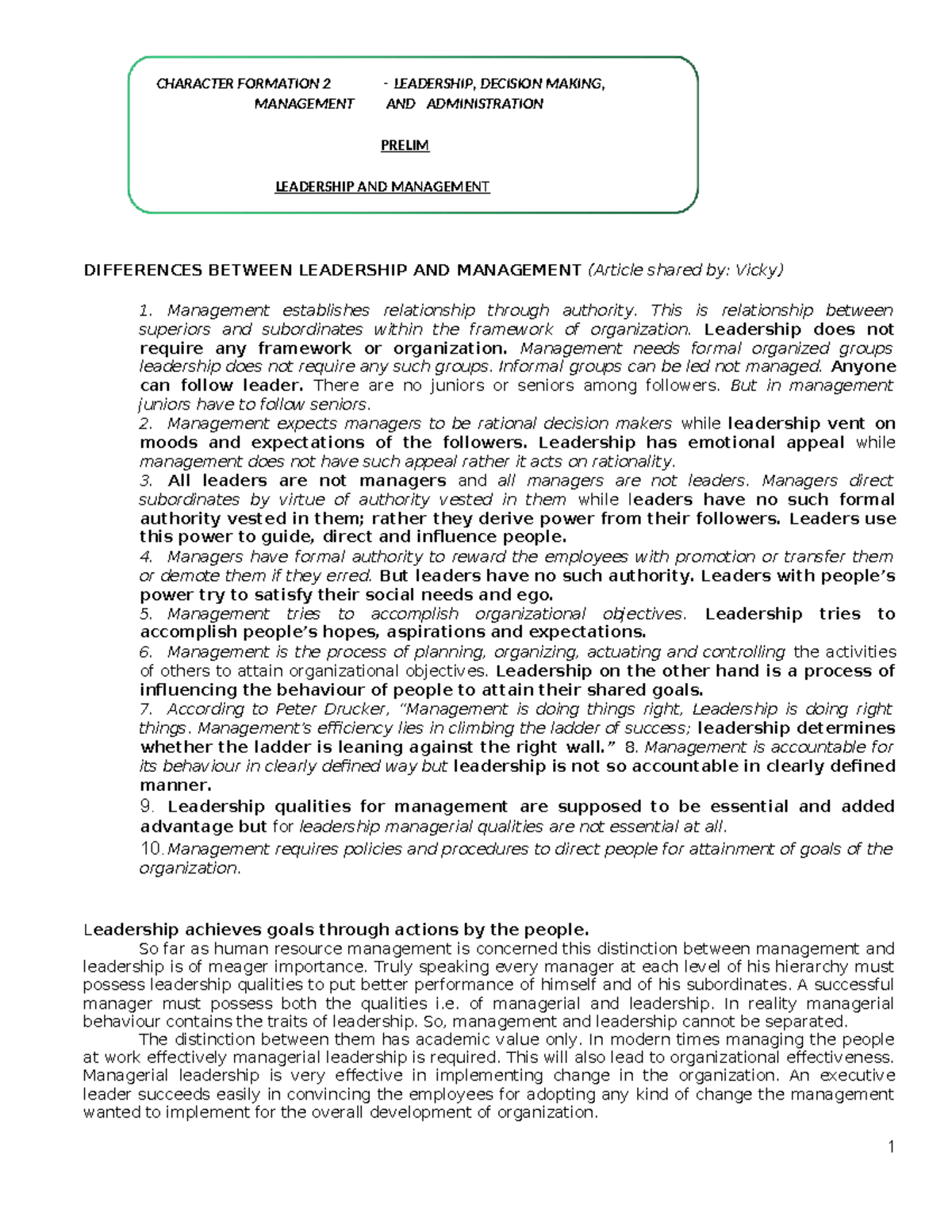 CFLM 2 - Prelim Notes on Leadership and Management Differences - Studocu