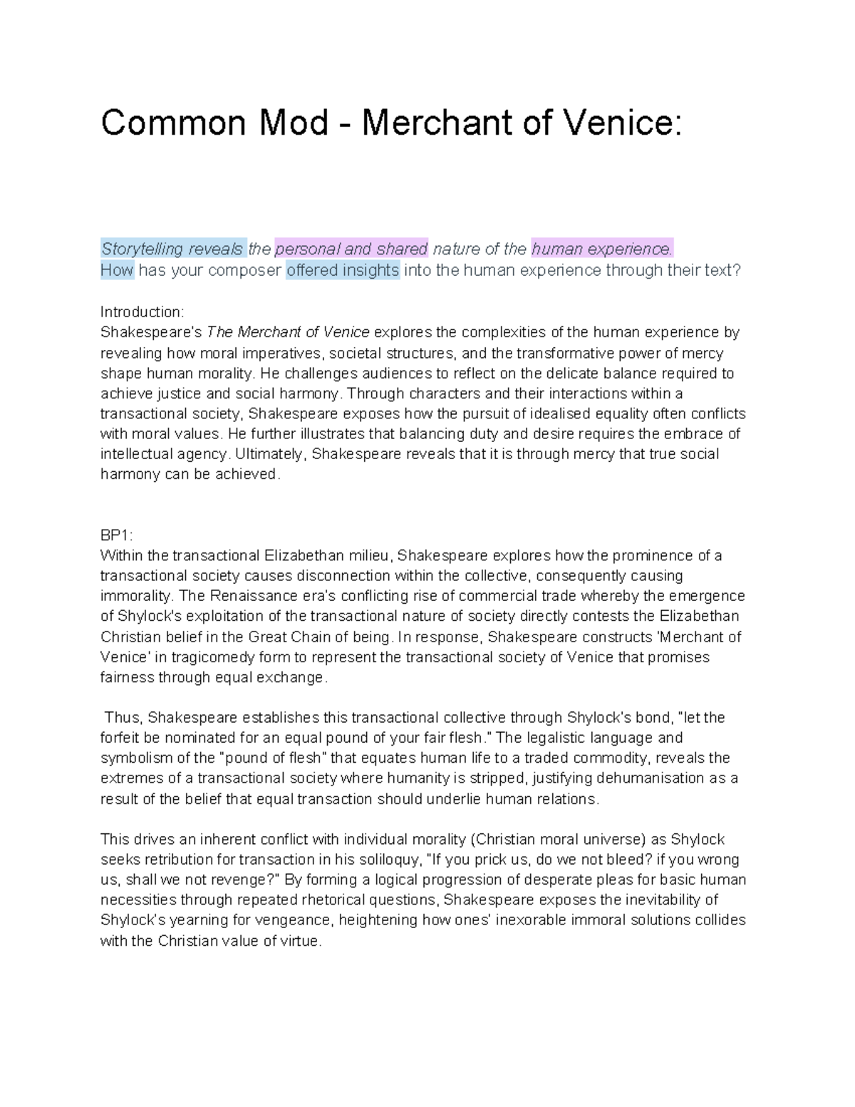 Common Mod - The Merchant of Venice: Insights on Human Experience - Studocu