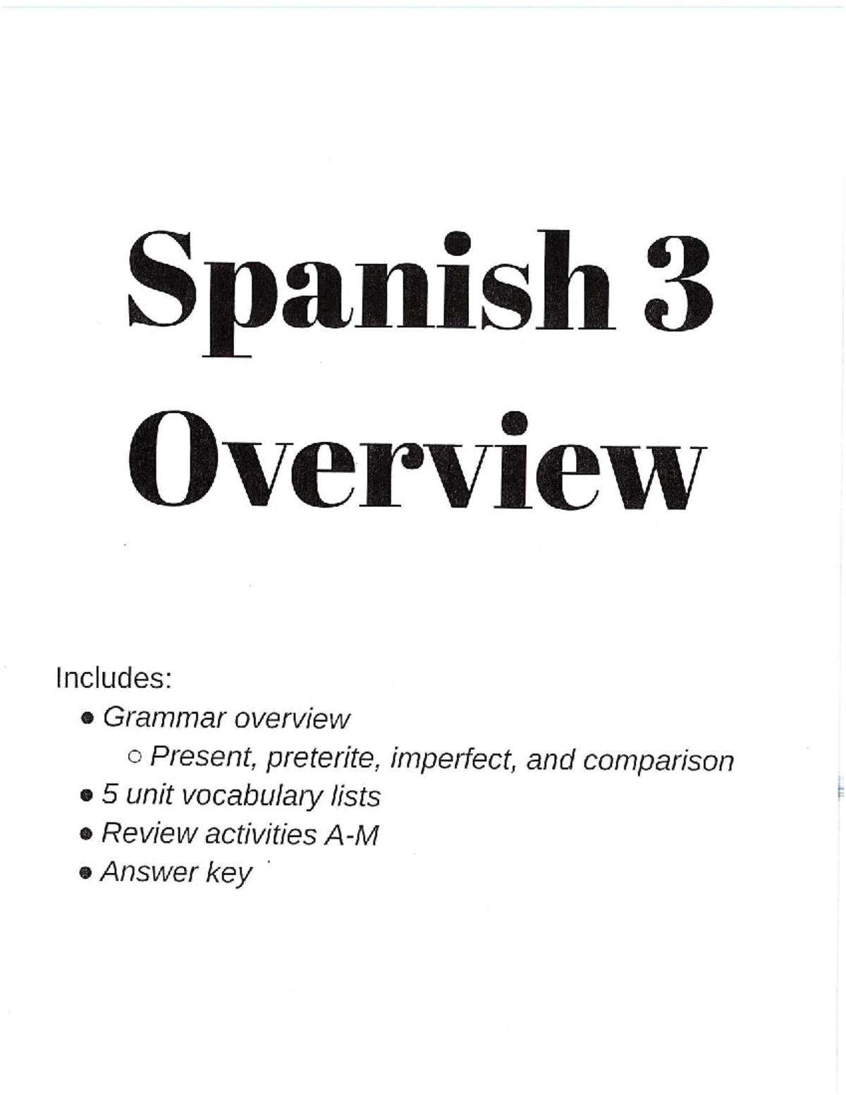 Spanish 3 Review: Grammar, Vocabulary, and Activities Overview (XYZ123 ...