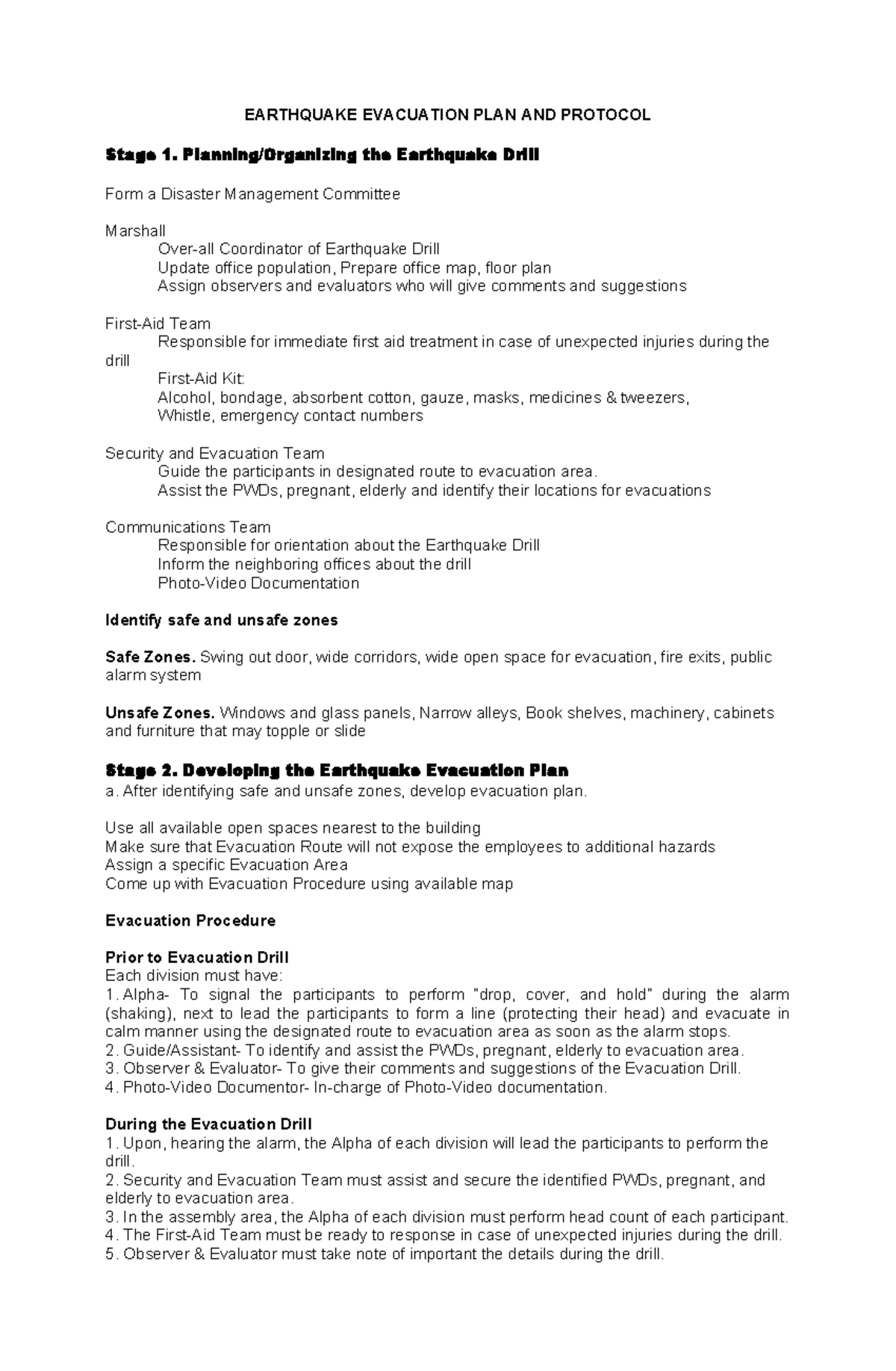 Earthquake Evacuation Drill Protocol and Planning Guide - Studocu