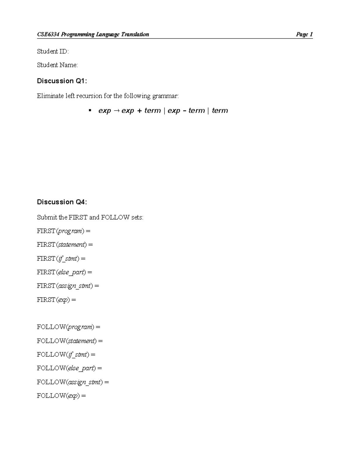 CSE6334 Tutorial 6 Exercises: Grammar & Parsing Procedures - Studocu