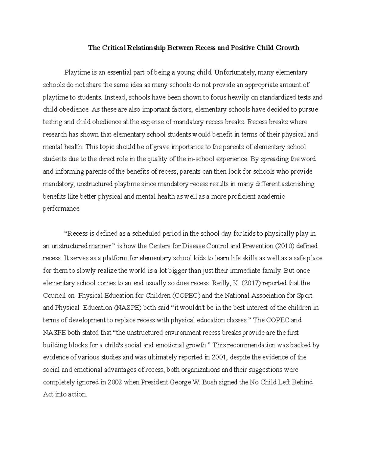 The Importance of Recess in Child Development - English Composition II ...
