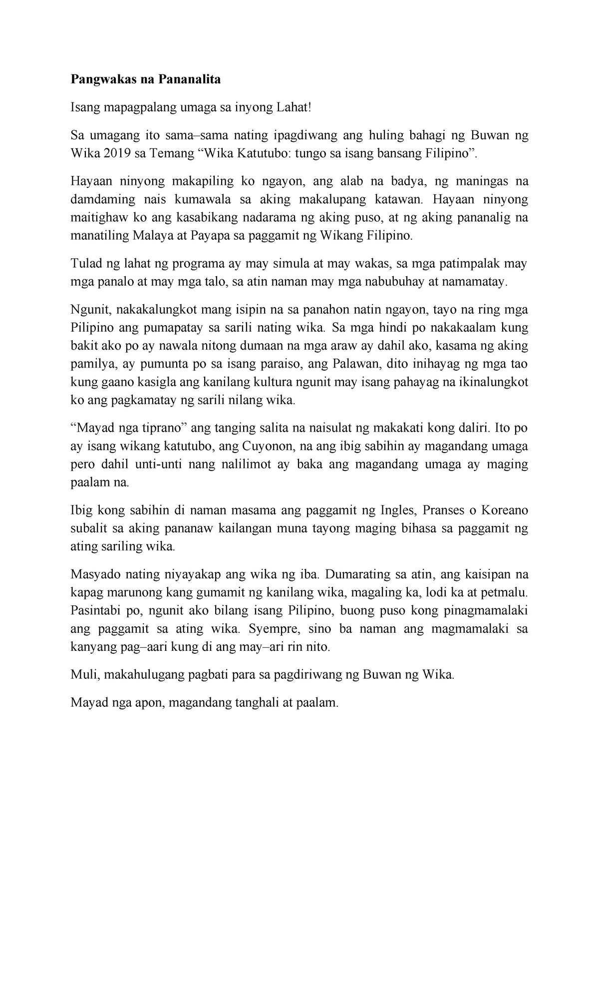 Pangwakas na Pananalita sa Pagdiriwang ng Buwan ng Wika 2019 - Studocu