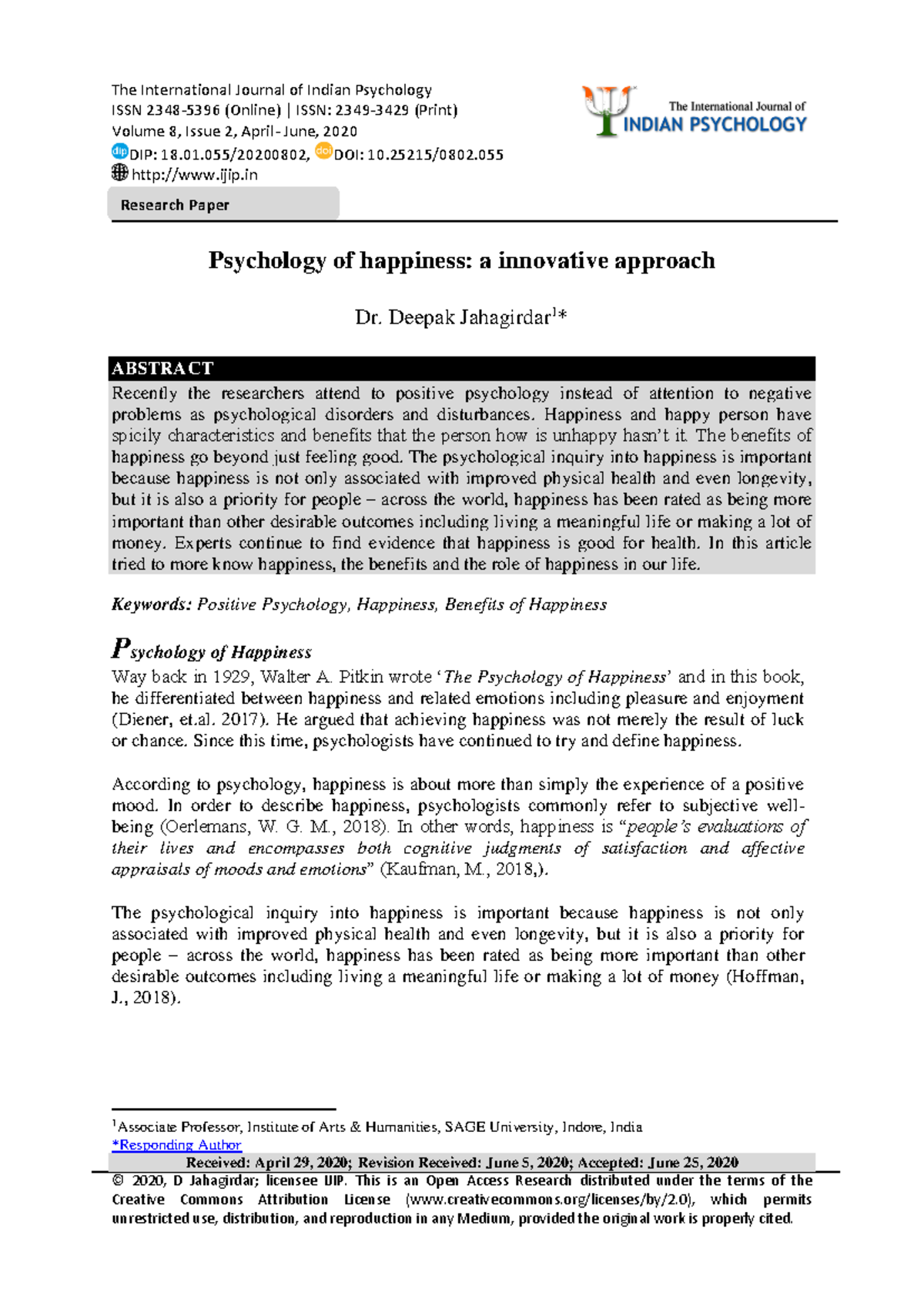 Psychology of Happiness: Insights and Innovations (18.01) - Studocu