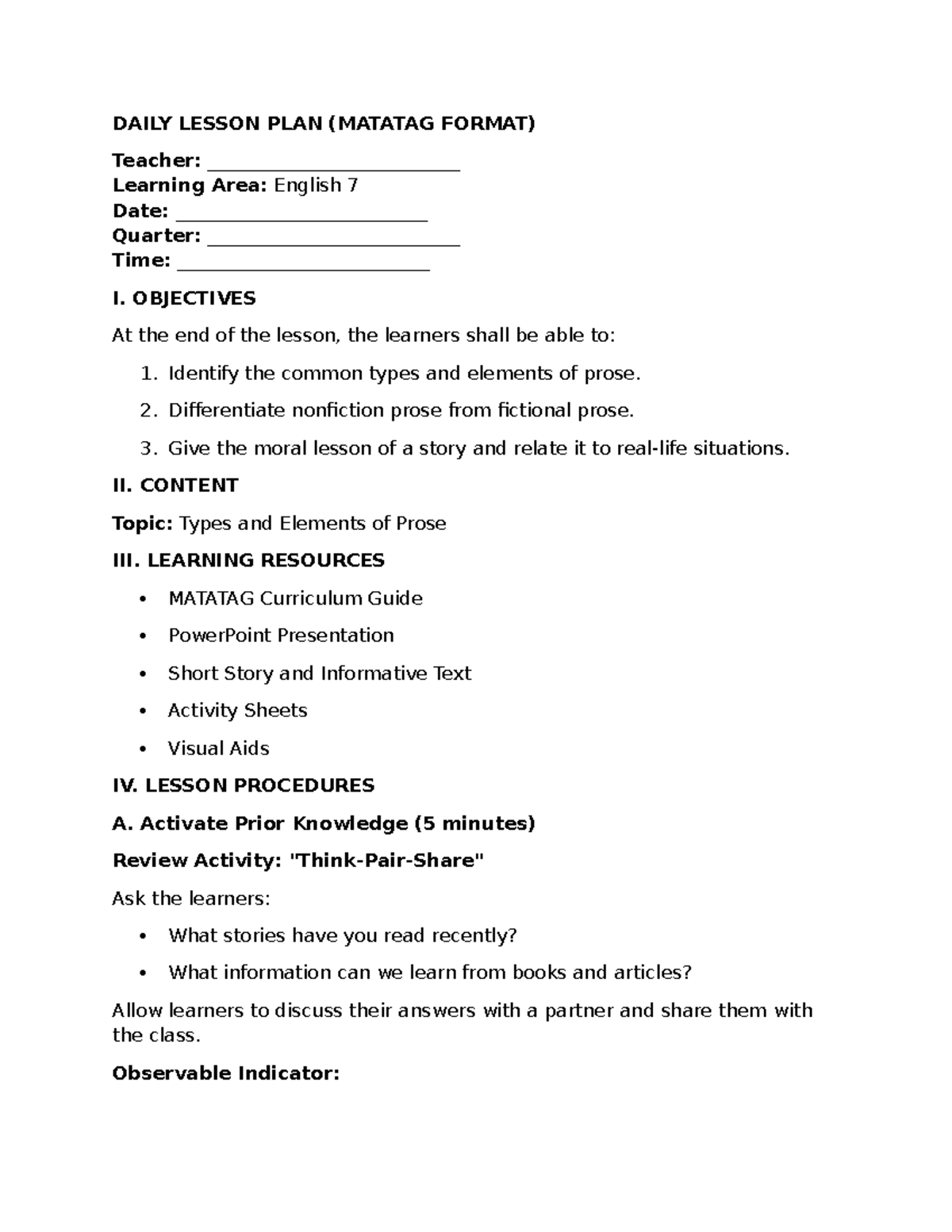 Daily Lesson Plan: Types & Elements of Prose (ENG 7) - Studocu