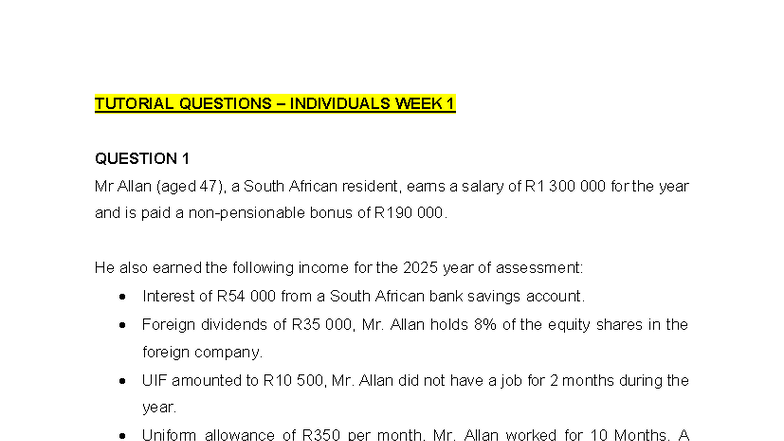 Tutorial Questions - Week 1: Tax Liability & Annuity Calculations - Studocu