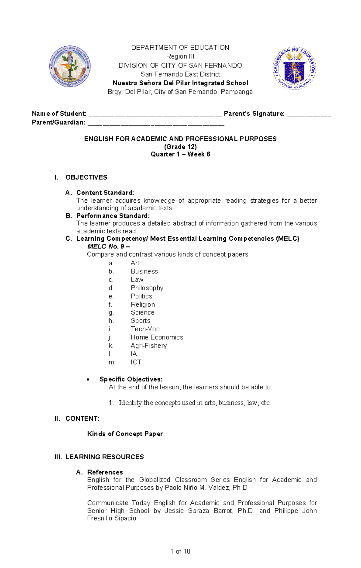 Comparison and Contrast of Concept Papers in Various Fields (Grade 12 ...