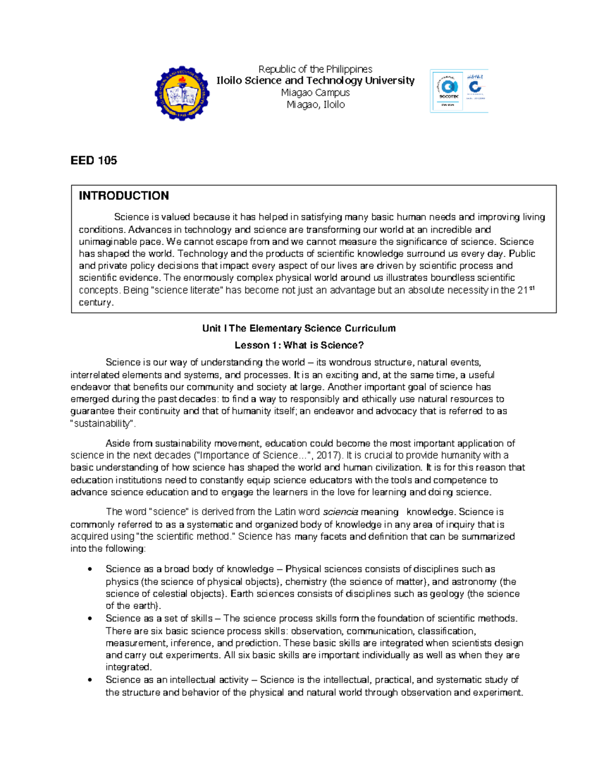 EED 105 - Unit 1 - Teaching Science in Elementary Grades Overview - Studocu