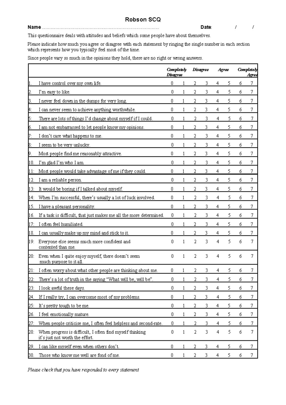 Robson Self Concept Questionnaire (SCQ): Assessment & Norms - Studocu