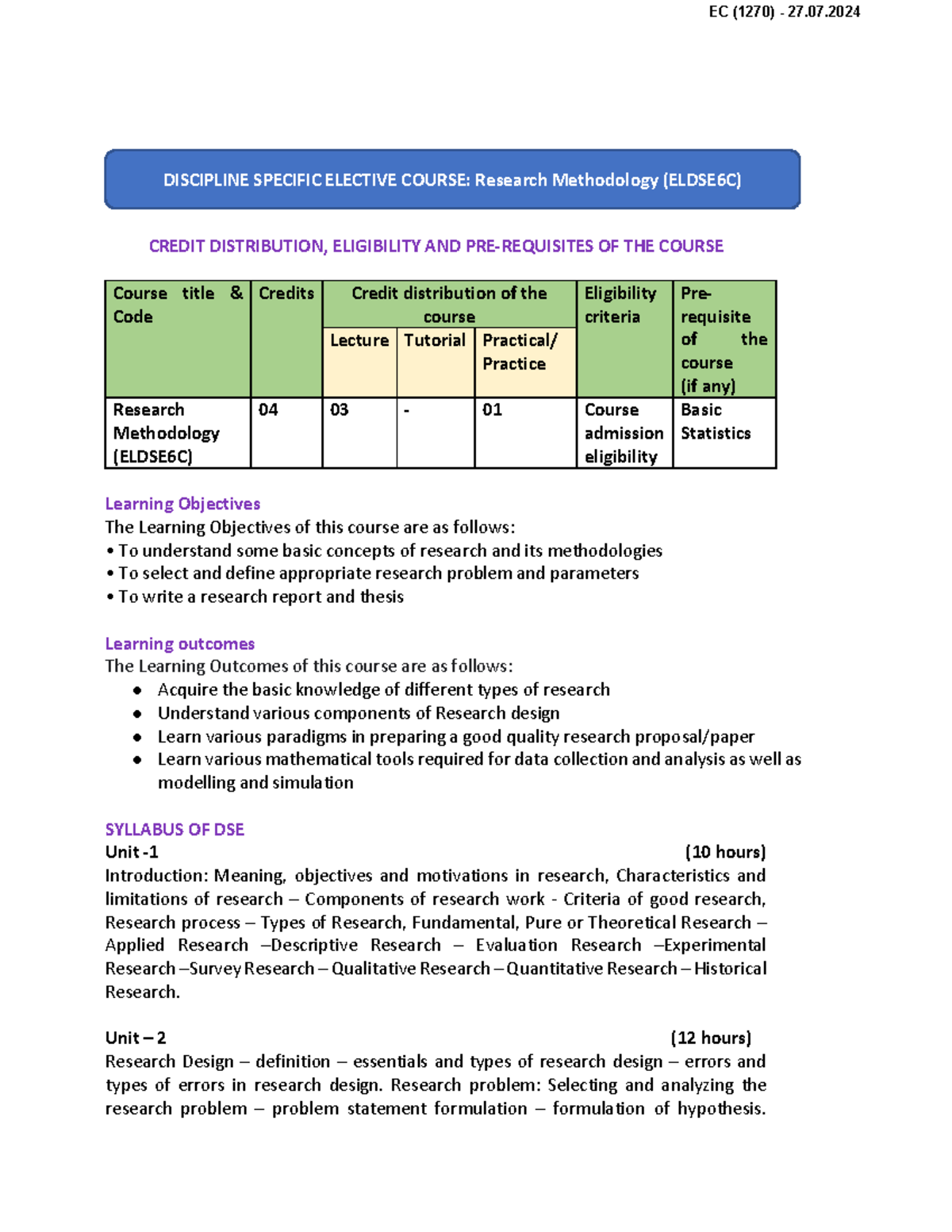 EC (1270) Research Methodology (ELDSE6C) Course Overview & Syllabus - Studocu