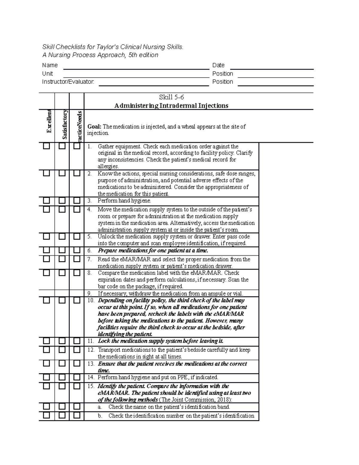 Skill Checklists for Intradermal Injection - Nursing Skills (NUR 101 ...