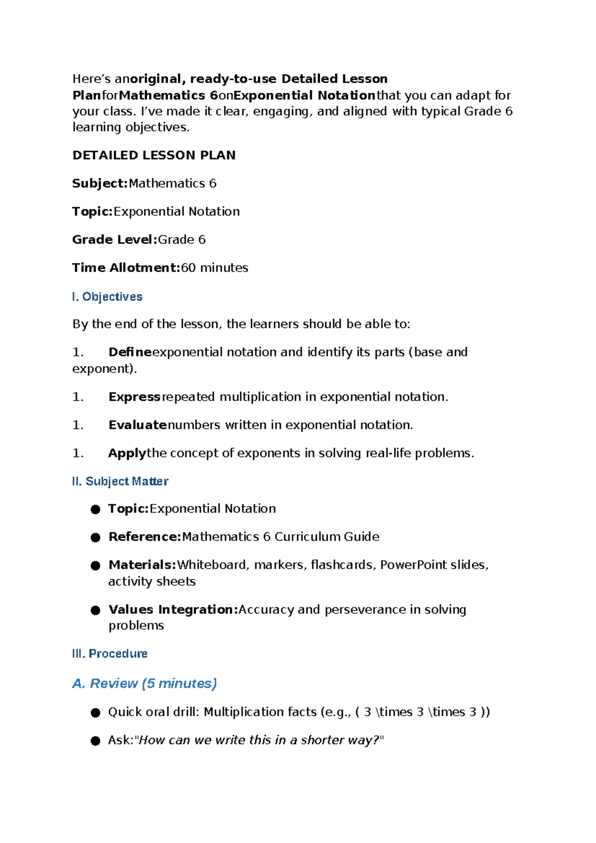Detailed Lesson Plan for Math 6: Exponential Notation - Studocu