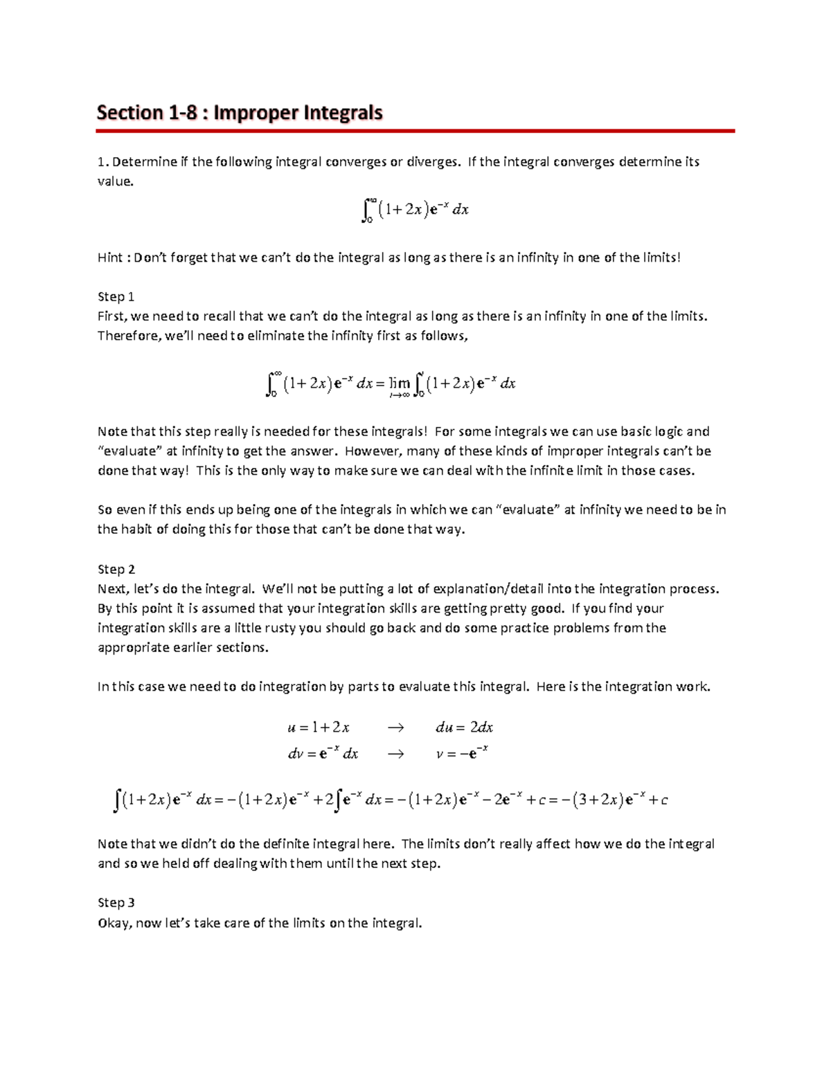 Improper Integrals Practice Solutions - Determine if the following ...