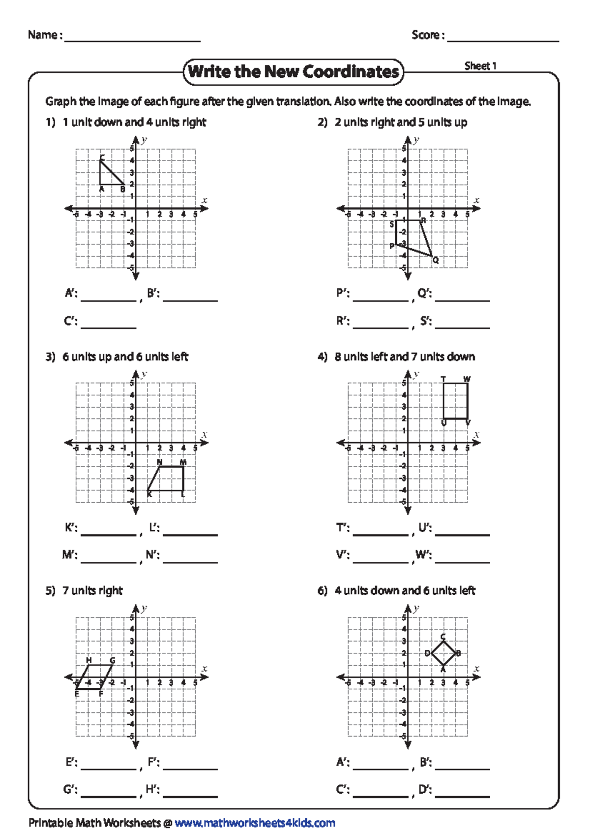 Translation Coordinates Graph: Sheet 1 (Math Worksheet) - Studocu