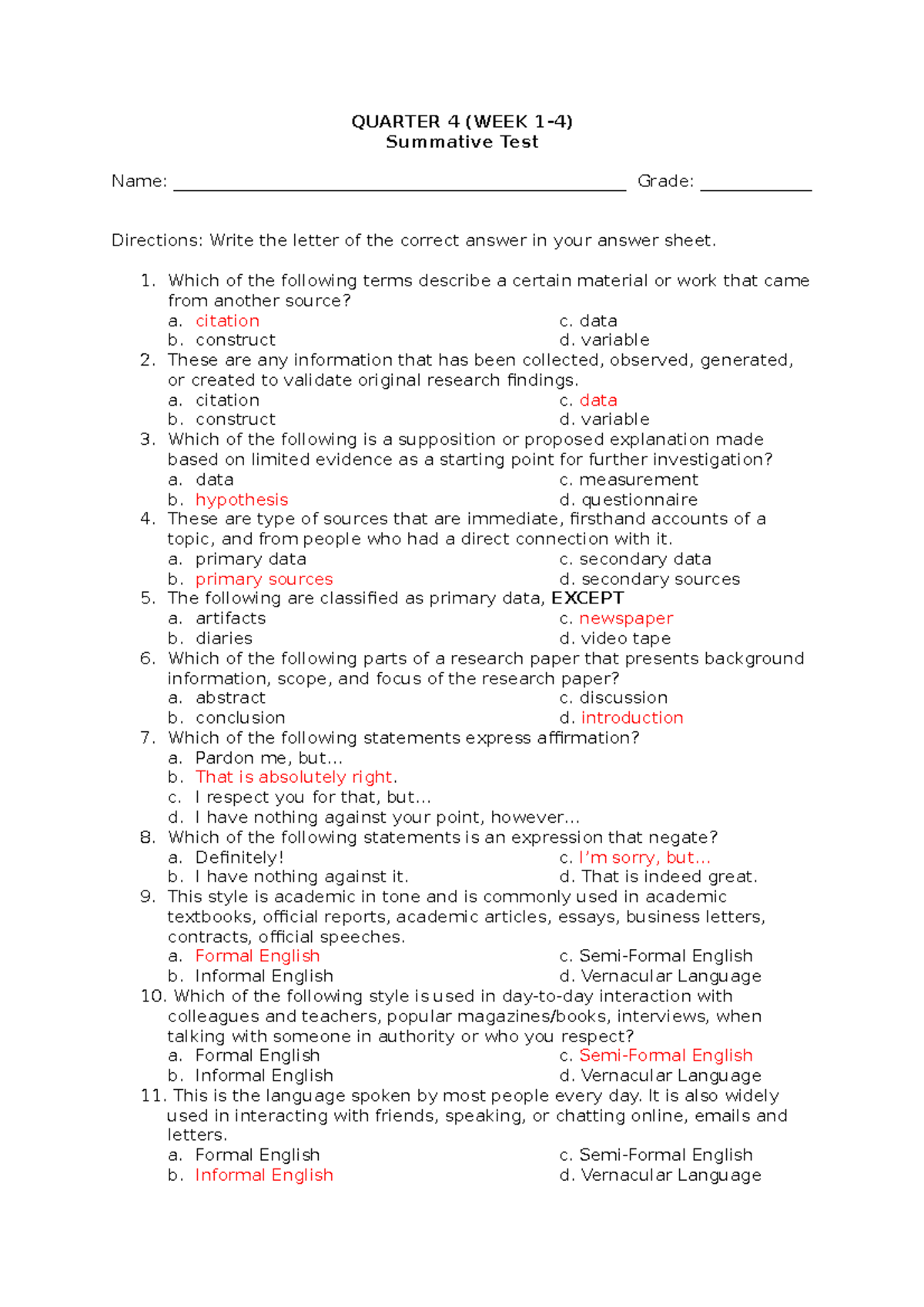 Summative test Q4 Week 1 4 - QUARTER 4 (WEEK 1-4) Summative Test Name ...