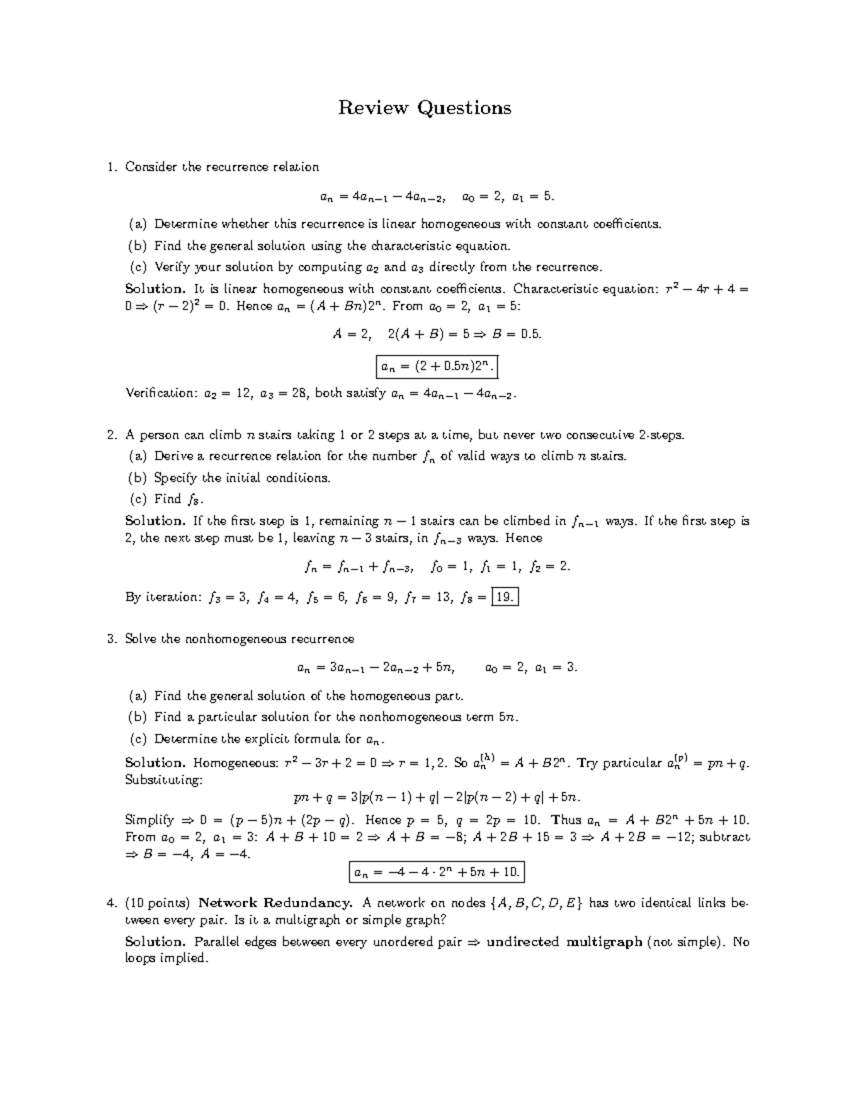 Final Review Questions for Recurrence Relations and Graph Theory - Studocu