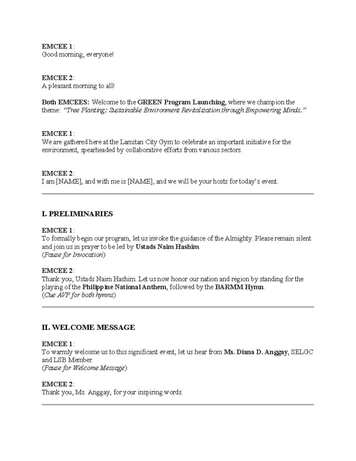 GREEN Program Launch Script for Environmental Revitalization Event ...