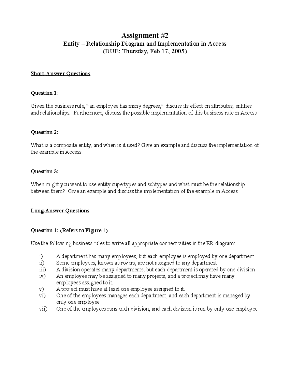 Assignment 2 - hw 2/20/2021 - Assignment Entity – Relationship Diagram ...