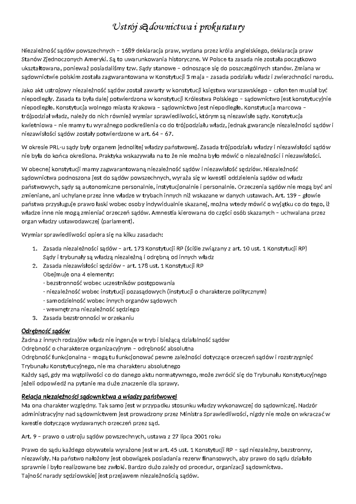 Ustrój sądownictwa w Polsce: Niezależność sądów i prokuratury - Studocu