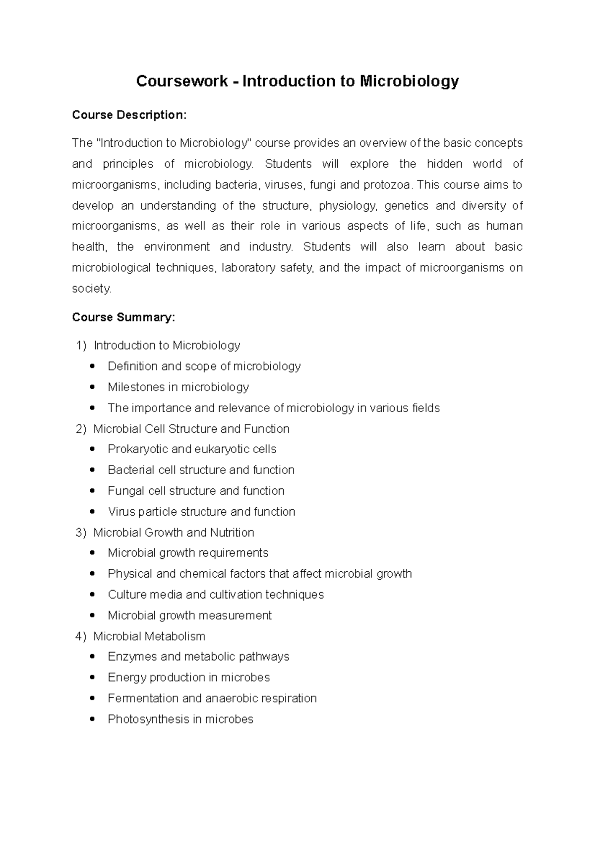 Coursework - Introduction to Microbiology - Students will explore the ...
