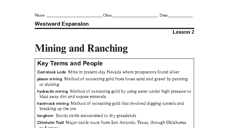 Westward Expansion Lesson 2: Mining & Ranching Key Terms and People ...
