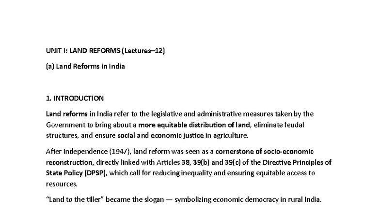 UNIT I: LAND REFORMS IN INDIA - A COMPREHENSIVE OVERVIEW - Studocu