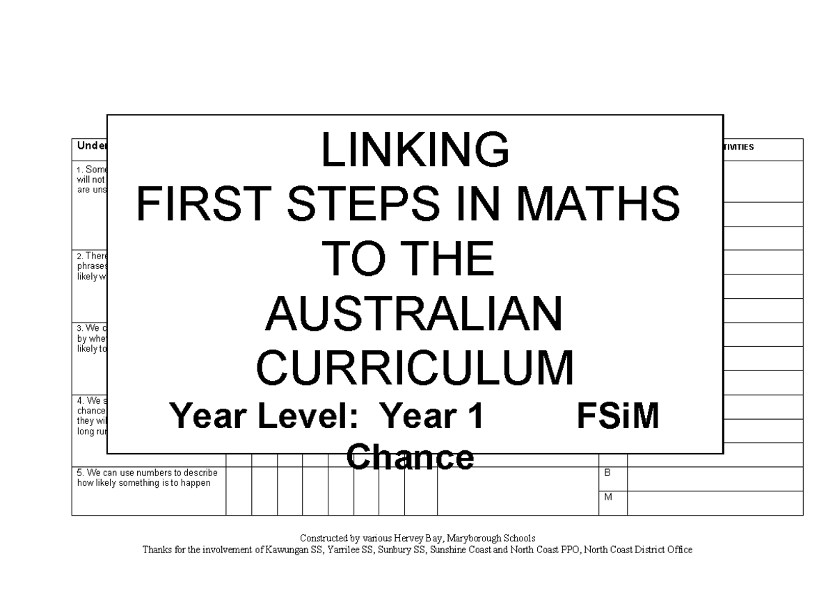 C2C & FSIM Year 1 Curriculum Planner: Chance & Data Activities - Studocu