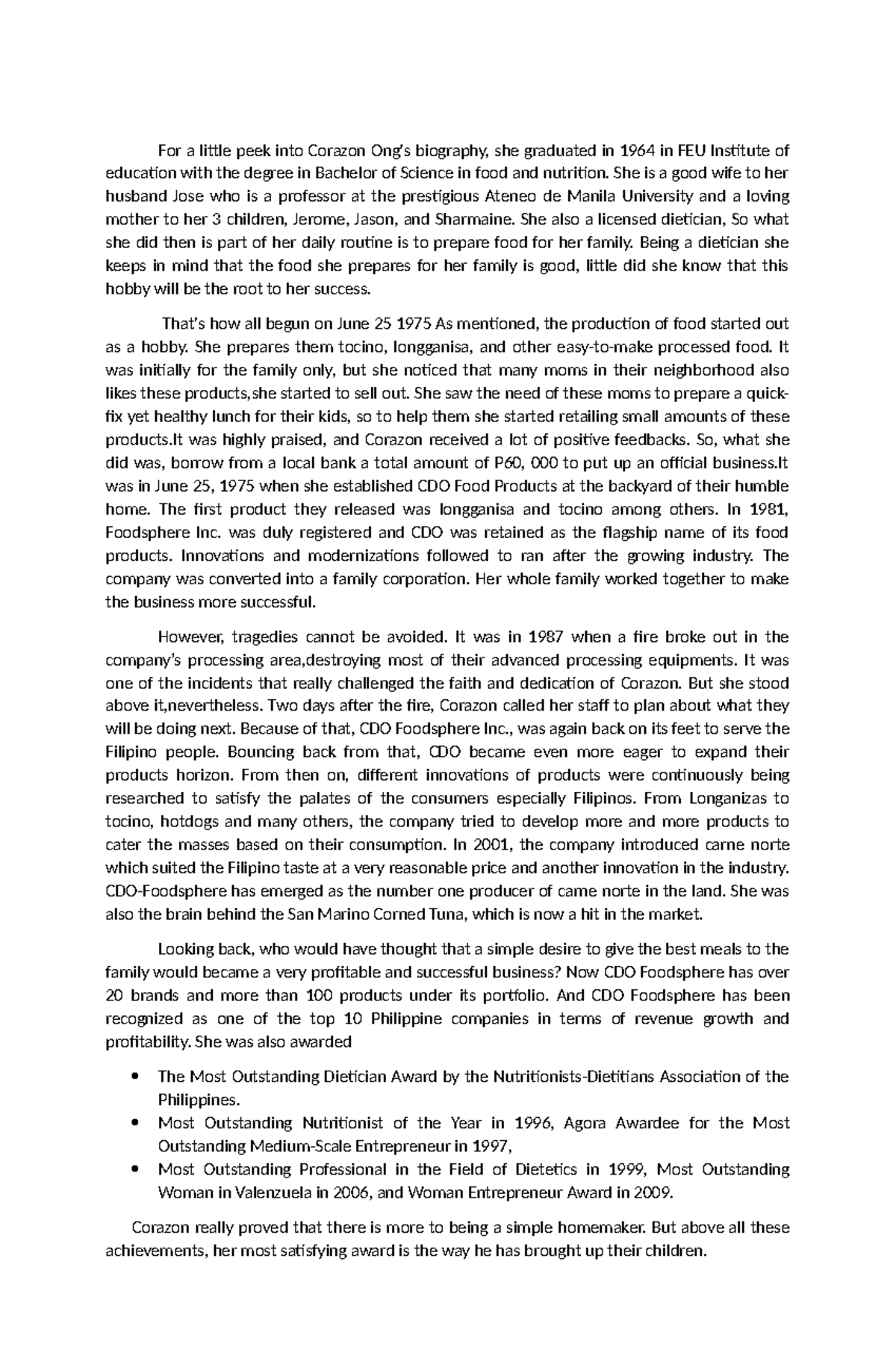 Corazon Ong: A Journey of Passion, Persistence, and Success - Studocu