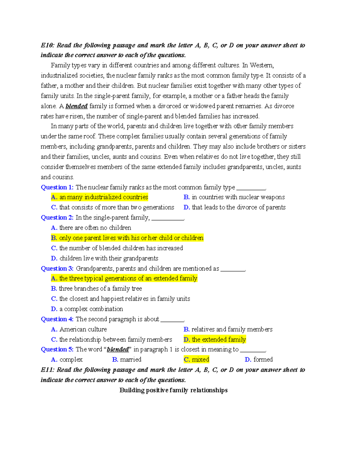 E10: Family Types and Relationships - Reading Comprehension Questions ...