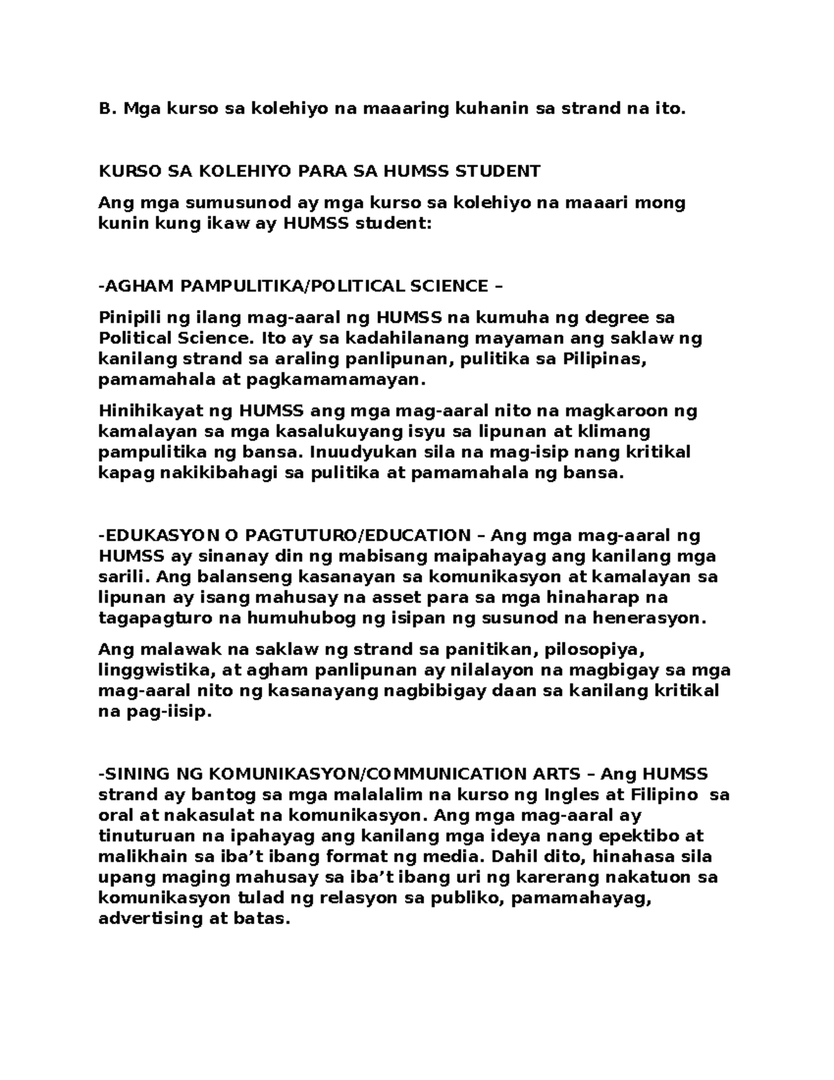 HUMSS College Courses: Final Guide for Students - Studocu