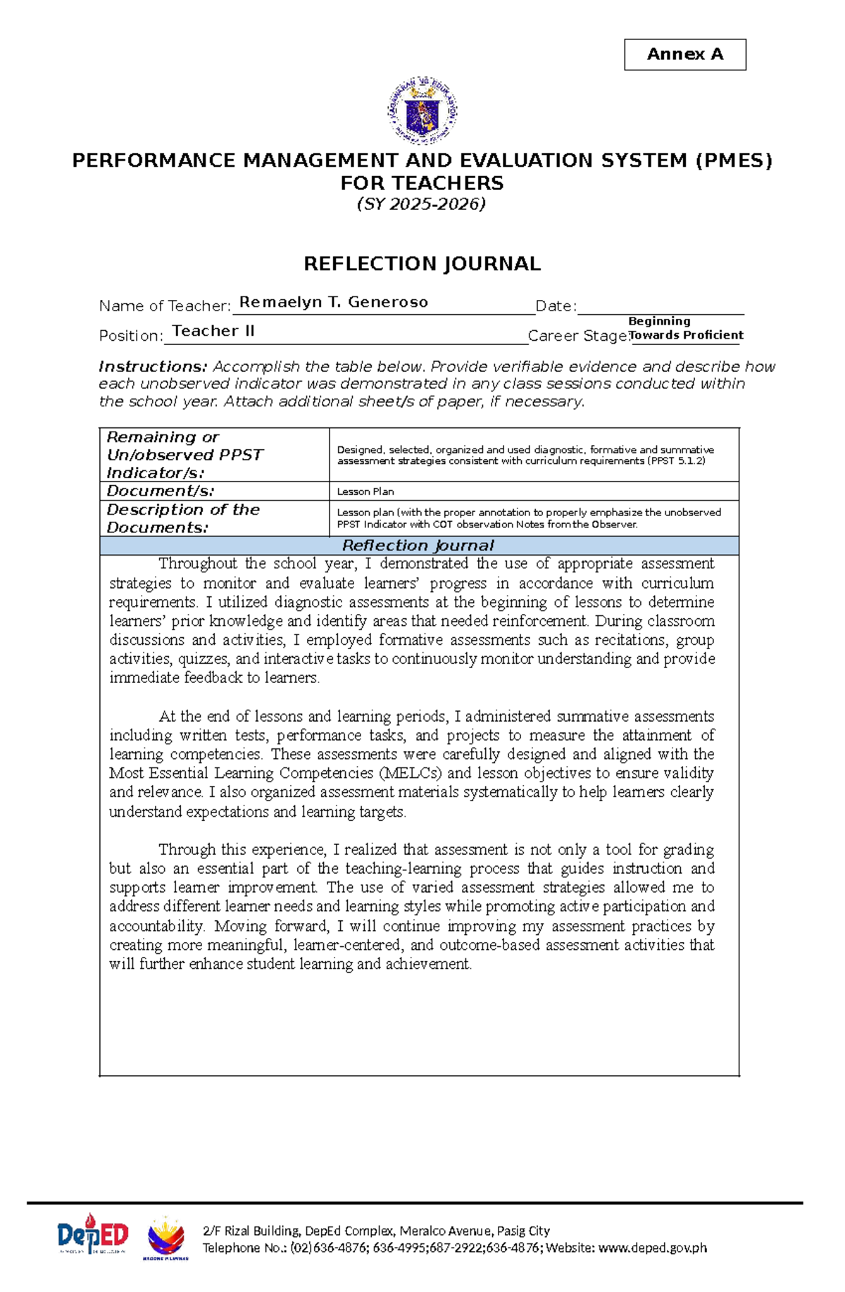 PMES for Teachers: Reflection Journal on Assessment Strategies - Studocu
