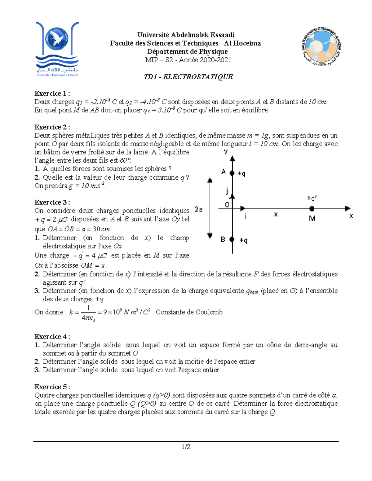 TD1 - Correction des Exercices d'Électrostatique MIP S2 2020 - Studocu