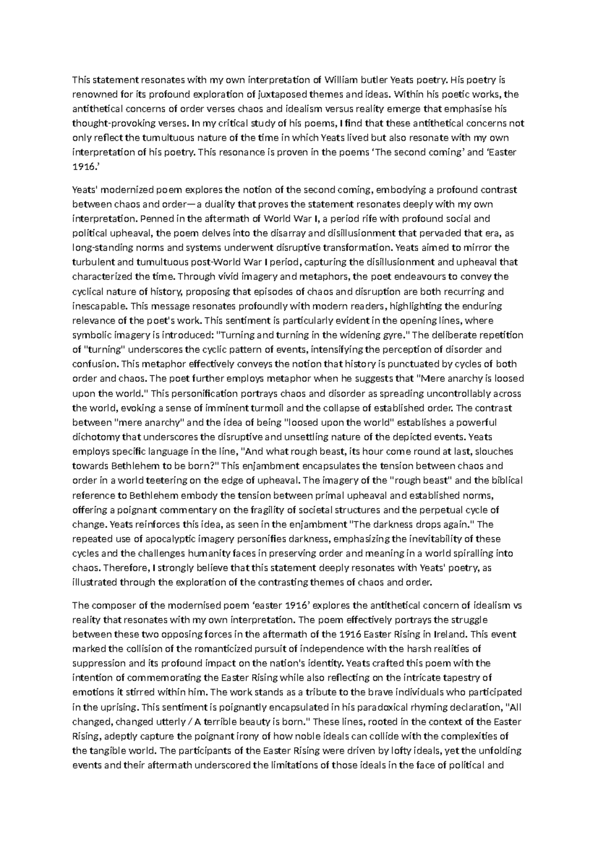 Yeats Poetry Analysis: Chaos vs Order in Context (ENG 201) - Studocu