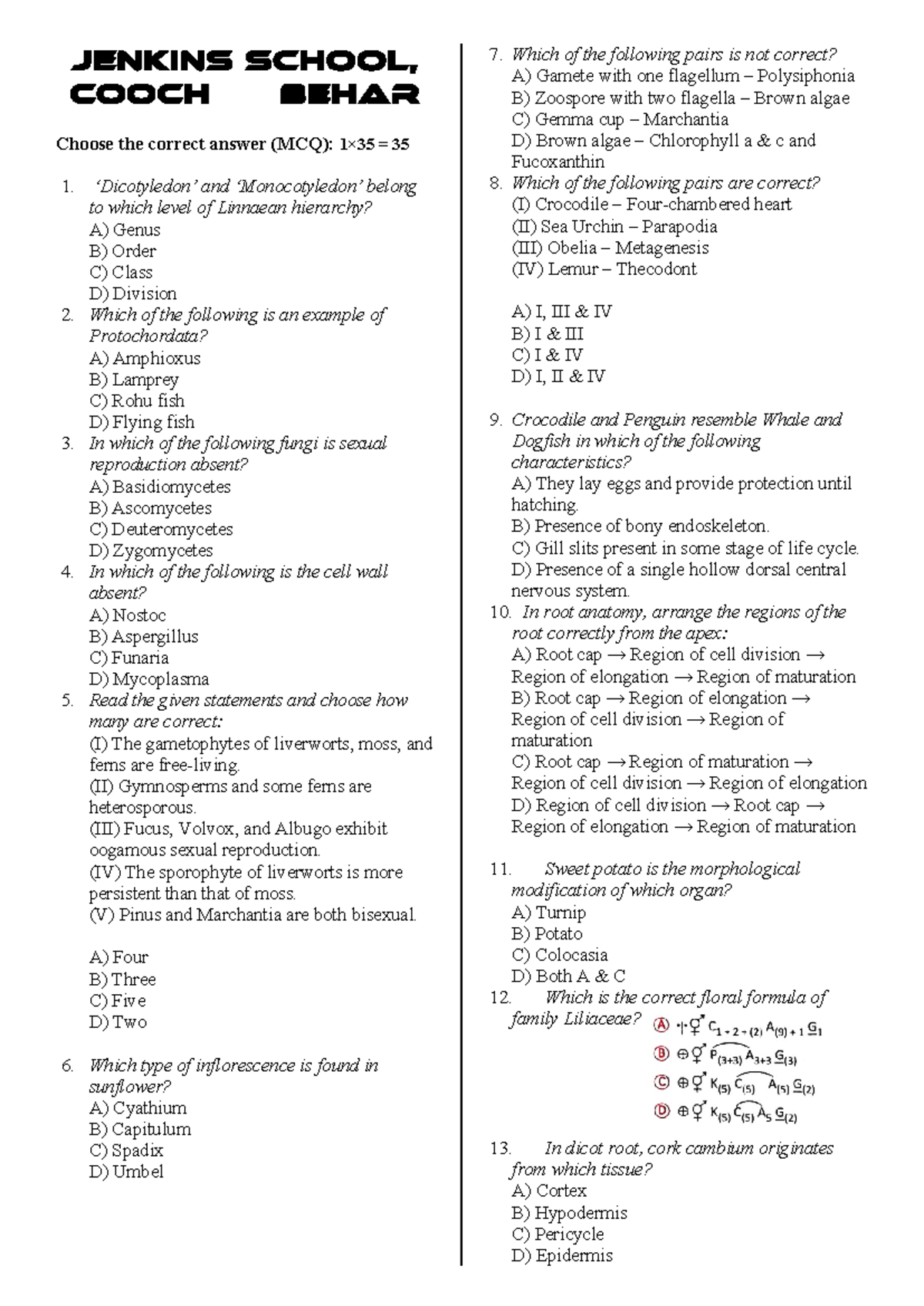 MCQ Questions on Plant and Animal Biology - BIOL 101 - Studocu