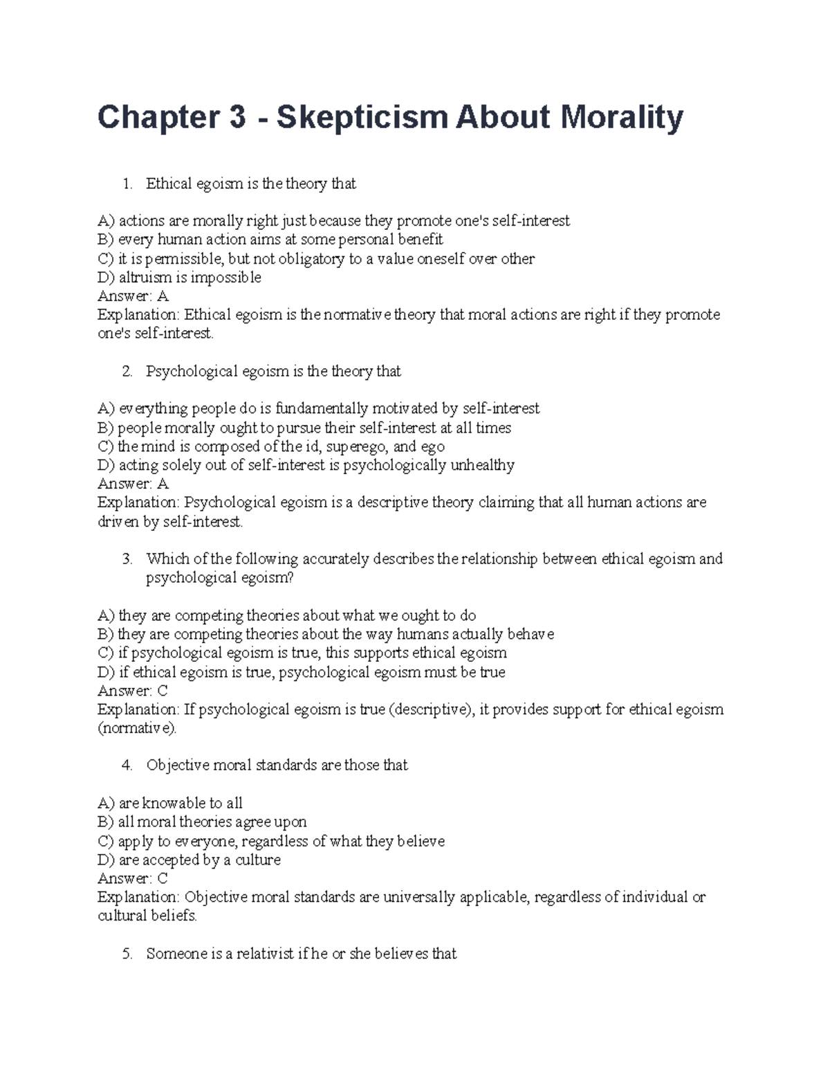 Chapter 3 - Quiz: Exploring Skepticism About Morality - Studocu